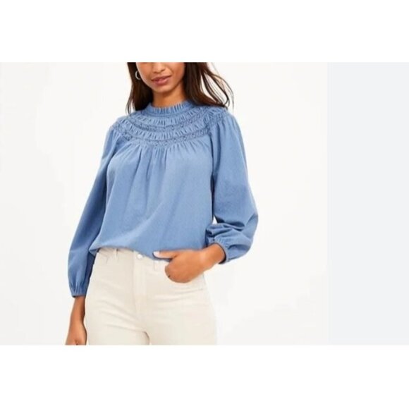 LOFT | Tops | Loft Top Womens Large Blue Smocked Lace Yoke Linen Blend ...